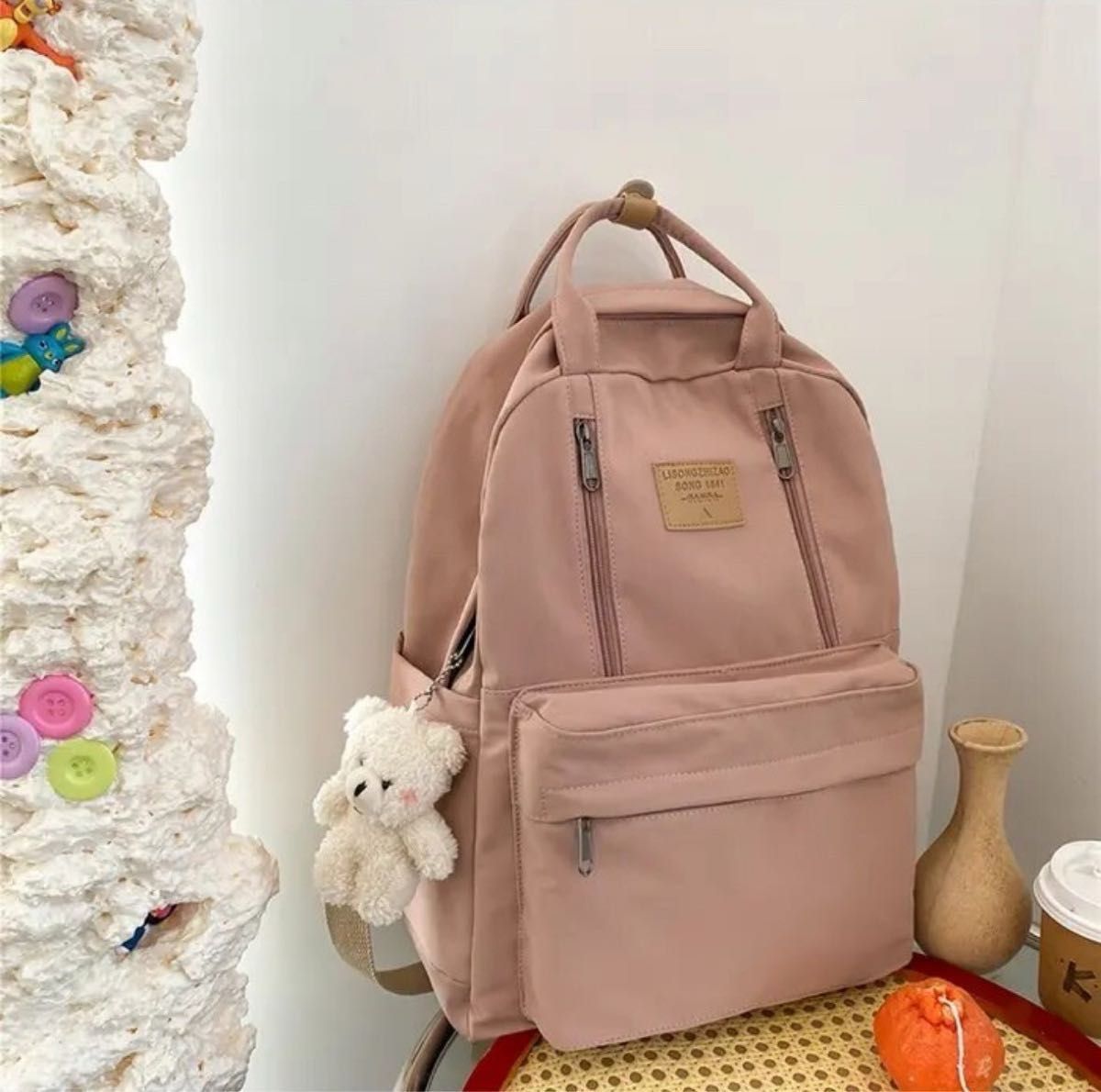 リュック ポケット付き クマさんキーホルダー付き バックパック リュック ポケット付き クマさんキーホルダー付き バックパック