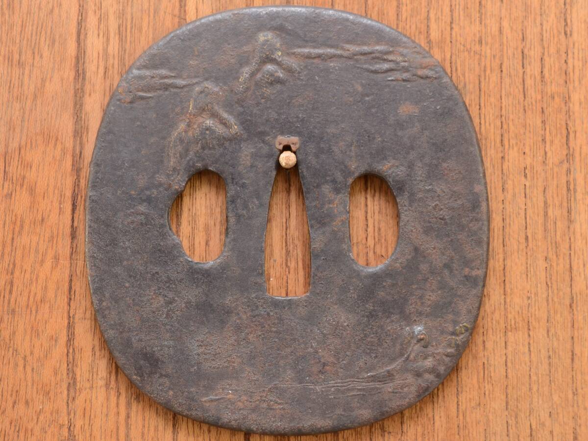 Yahoo!オークション - 刀装具 時代象嵌鉄鍔 山水梅花賢人図 大型鍔 147g