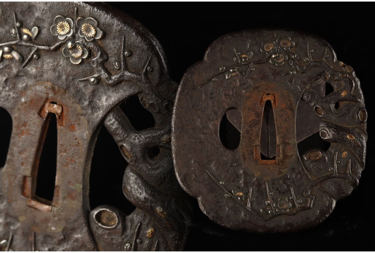 Yahoo!オークション - [URA]刀剣美術/鉄地金象嵌梅木図木瓜形鍔/約137g...