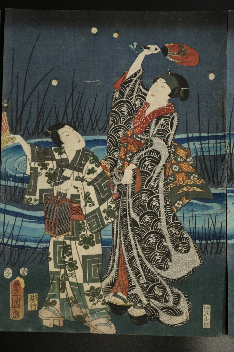Yahoo!オークション - T012 木版画3枚/蛍鑑賞之図/錦絵/浮世絵/絵紙/ア...