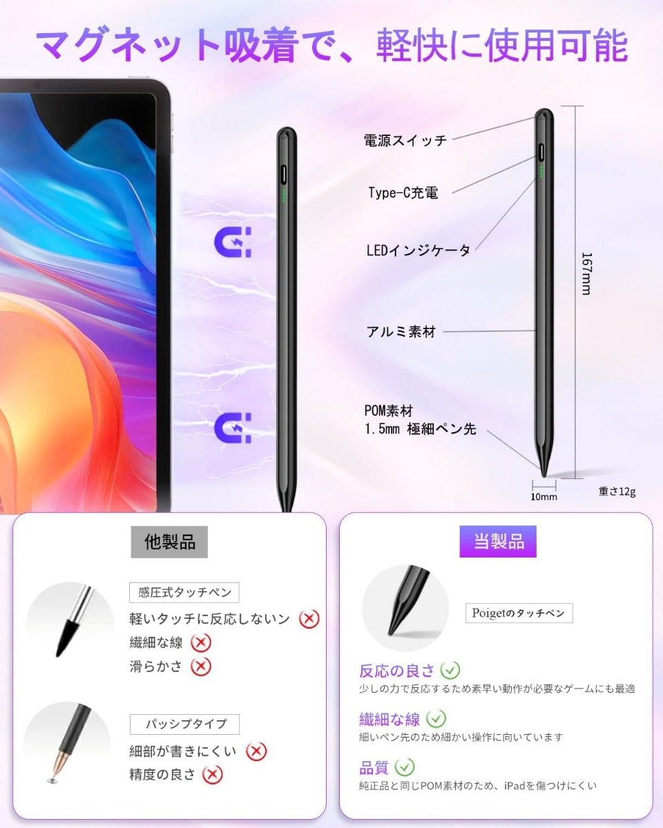 Apple Pencil互換ペン ペンシル スタイラス 充電 残量表示 自動 Apple Pencil互換ペン ペンシル スタイラス 充電 残量表示 自動