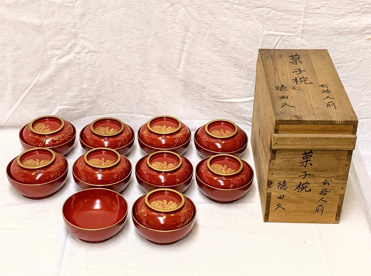 Yahoo!オークション - 14674/京都旧家蔵出し時代漆器 朱塗金縁花毬双葉...