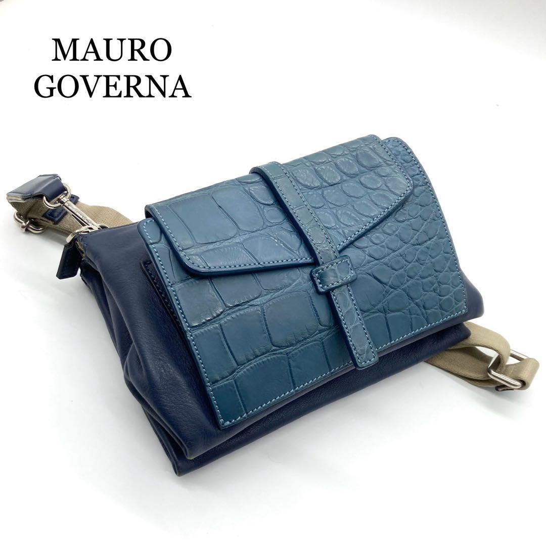 極美品】MAURO GOVERNA ショルダーバッグ ネイビー レザー 極美品】MAURO GOVERNA ショルダーバッグ ネイビー レザー