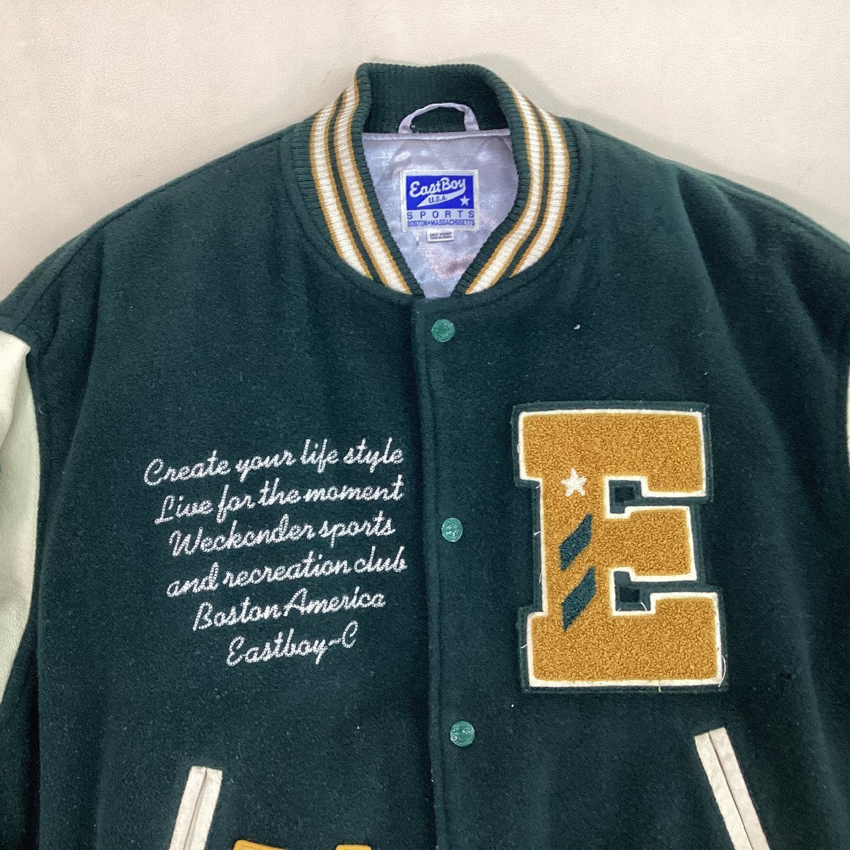 EAST BOY イーストボーイ BOSTON USA 本革 レザー袖 革スタジャン ワッペン 刺繍 古着 ヴィンテージ メンズ サイズ9号 緑x白/1.26kg(Mサイズ)｜売買された ...