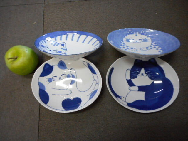 Yahoo!オークション - 藍染ねこ 19.5㎝楕円深皿4柄組 日本製美濃焼 新...