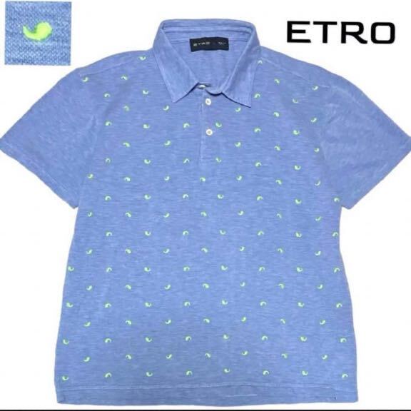 日本代購代標第一品牌【樂淘letao】－【1円】ETRO エトロ 半袖ポロシャツ ペイズリー 刺繍 総柄 ポロシャツ 半袖 ゴルフウェア Lサイズ 青 ブルー 黄緑 イタリア コットン