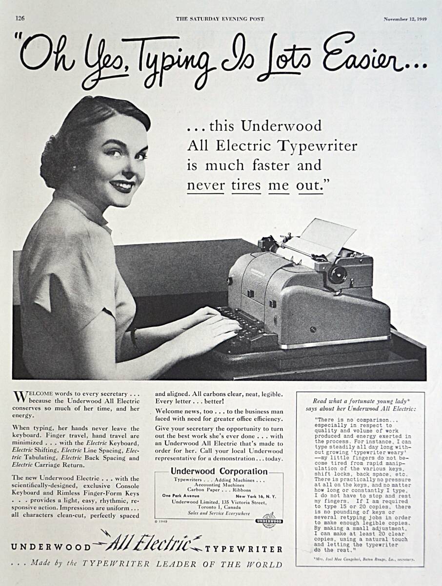 Yahoo!オークション - 稀少 広告/1949年アンダーウッド・タイプライタ...