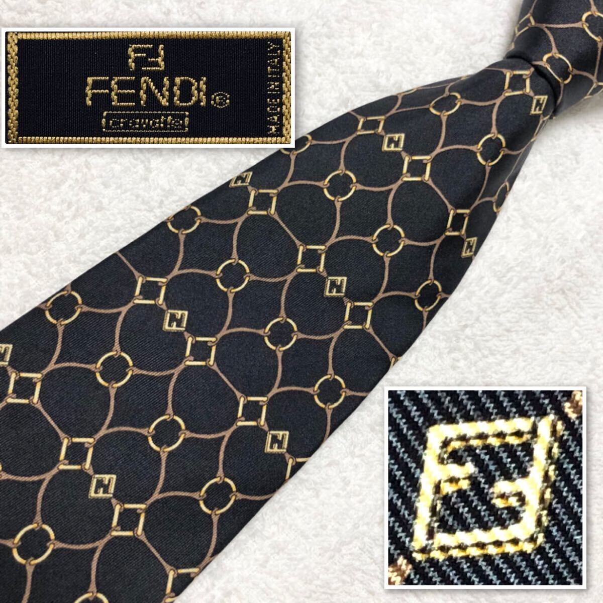 美品 FENDI フェンディ ネクタイ FF金具 紐 サークル 網目状 総 美品 FENDI フェンディ ネクタイ FF金具 紐 サークル 網目状 総
