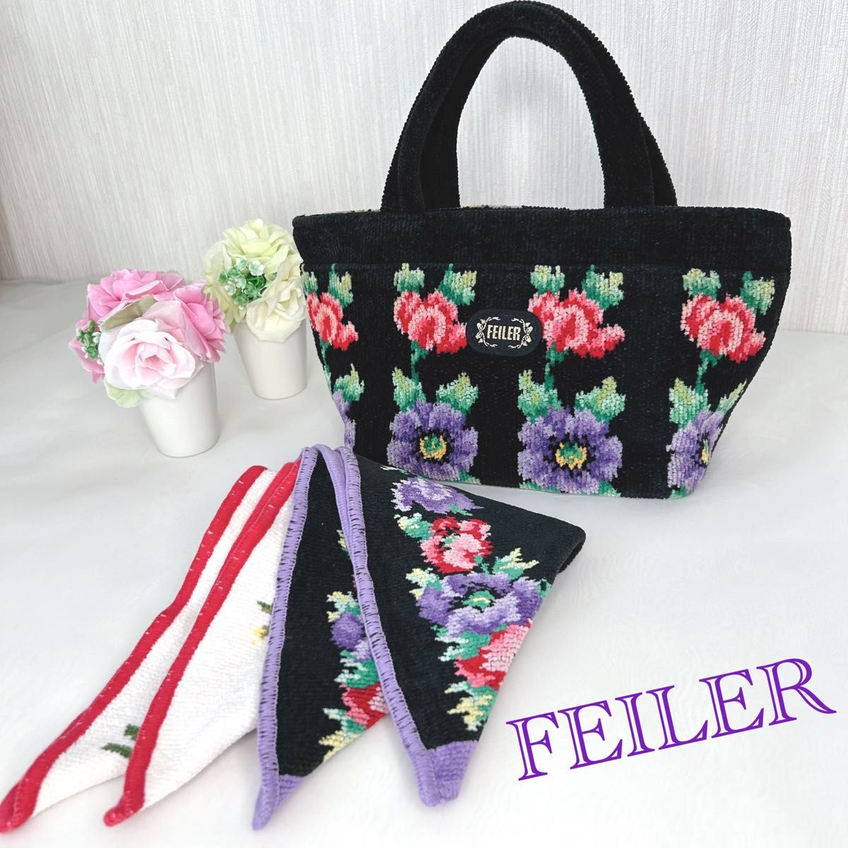 FEILER フェイラー ハンドバッグ 花柄 ミニバッグ ハンカチ2枚 FEILER フェイラー ハンドバッグ 花柄 ミニバッグ ハンカチ2枚