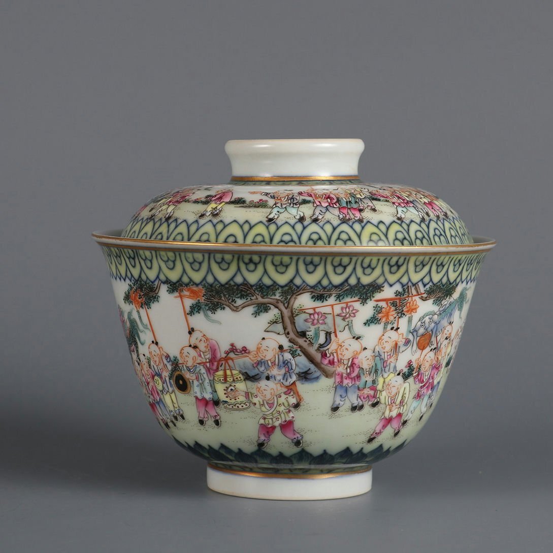 Yahoo!オークション - 渡鶴羽 P127清乾隆年製 青花加粉彩百子図蓋碗 ...