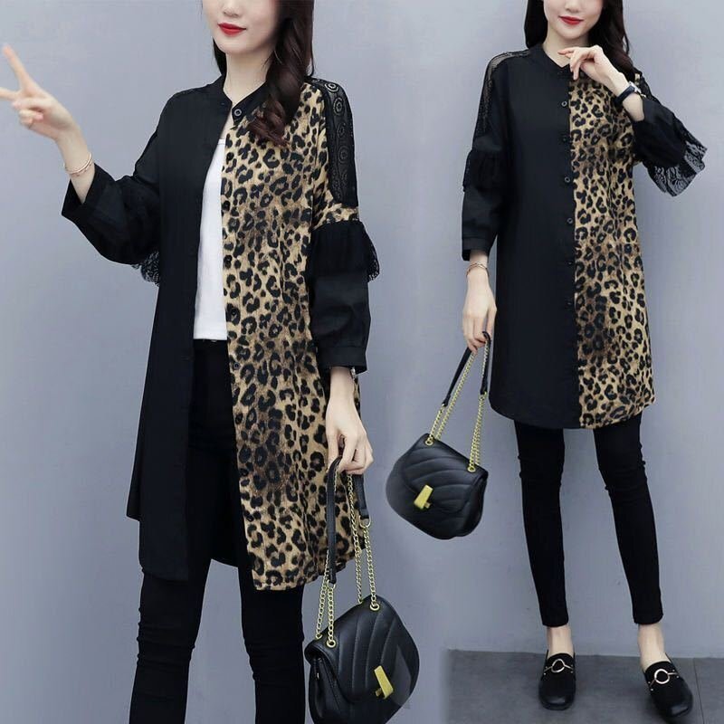 Yahoo!オークション - LRM3397 レディース ロングシャツ 切替 ヒョウ柄...