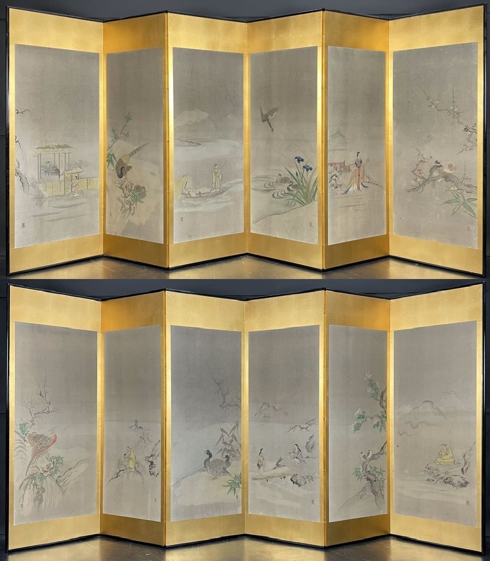 Yahoo!オークション - 【屏風屋】12y 落款有 唐人物 花鳥図 屏風 高さ ...