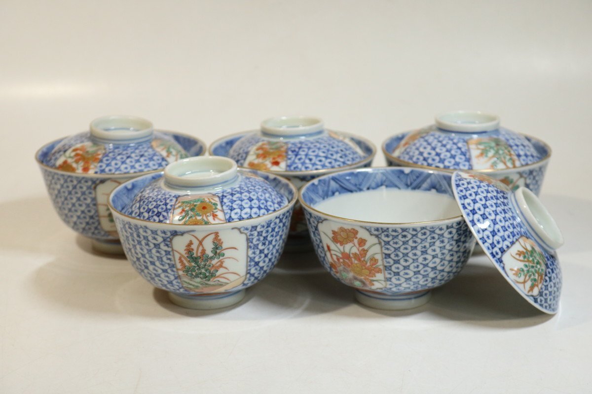 Yahoo!オークション - T298 伊万里色絵奈良茶碗5点/蓋茶碗/和骨董/アン...