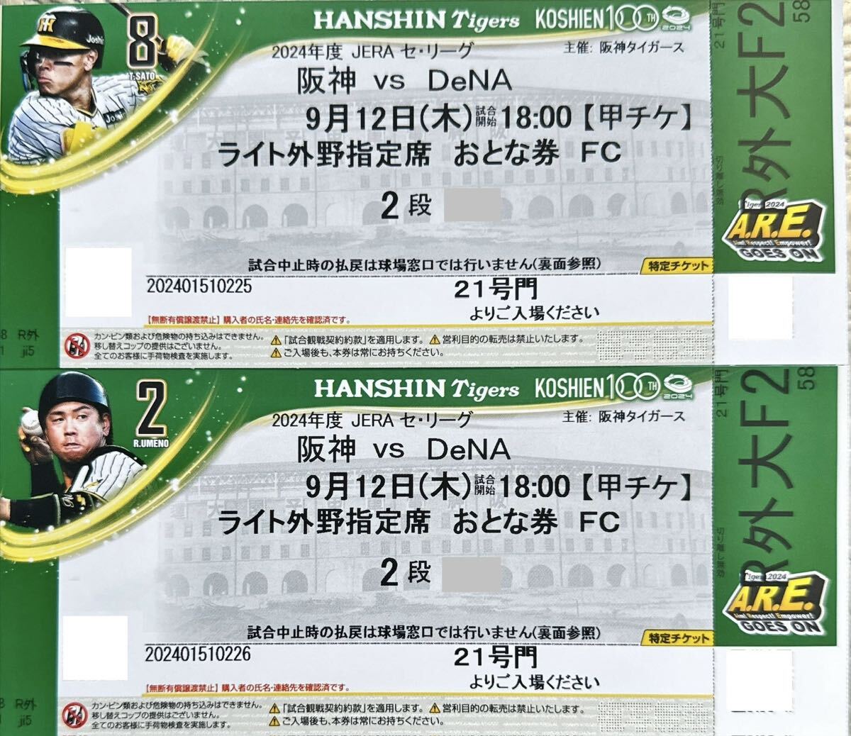 Yahoo!オークション - 2段目通路側 甲子園 阪神VS DeNA 9/12（木）ライ...