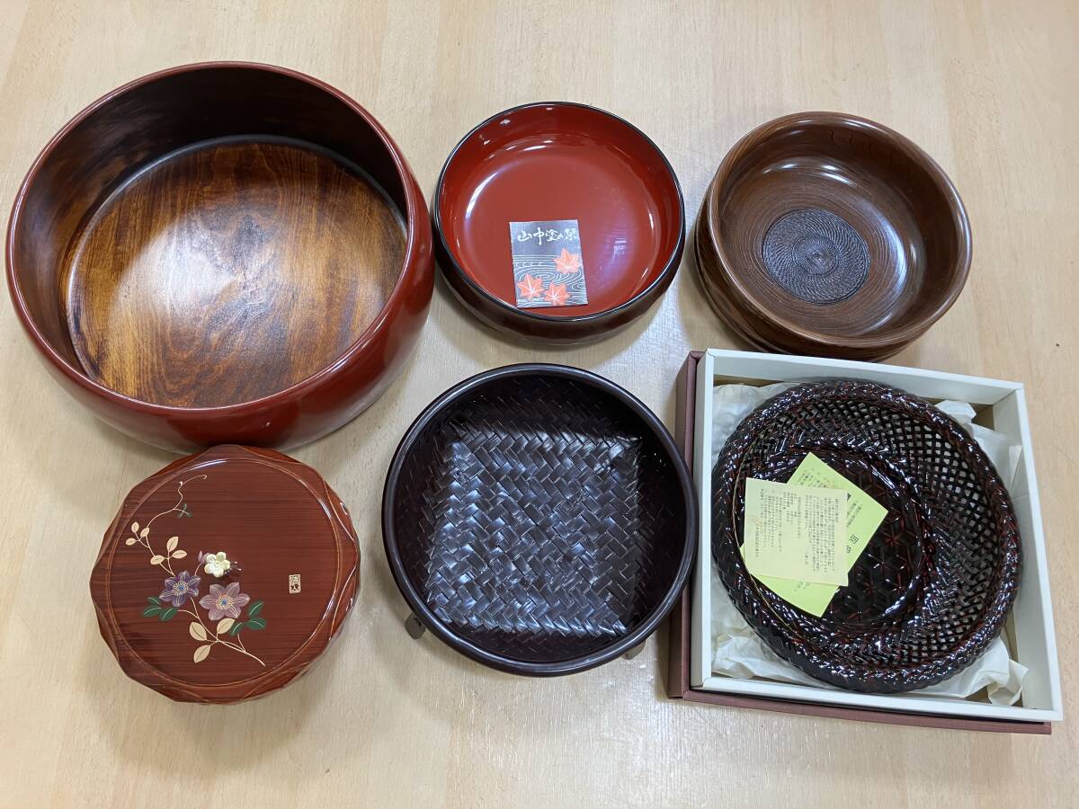 Yahoo!オークション - 【7381】菓子器まとめ 6点 木製 漆器 山中塗 籃...