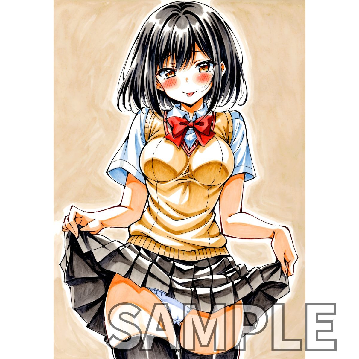 Yahoo!オークション - 手描きオリジナルイラスト 制服 黒髪 美少女 A4...