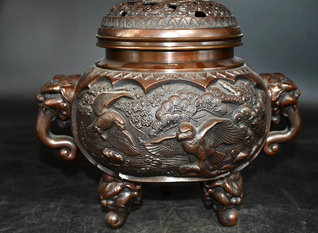 Yahoo!オークション - NY8-184【現状品】瑞峰作 銅製 大型香炉 獅子蓋 ...