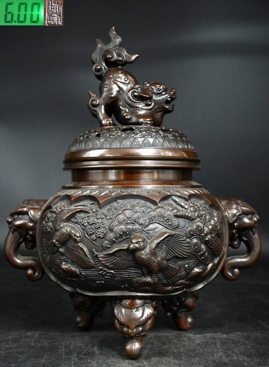 Yahoo!オークション - NY8-184【現状品】瑞峰作 銅製 大型香炉 獅子蓋 ...