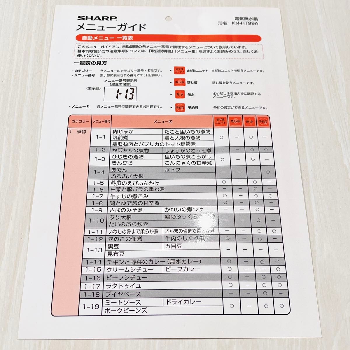 ホットクック 取扱説明書 メニュー集 KN-HT99A 【新品未使用 ホットクック 取扱説明書 メニュー集 KN-HT99A 【新品未使用