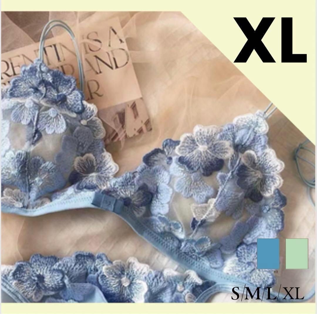 Yahoo!オークション - 下着2709ブルーXL 花柄 シースルー ノンワイヤー...