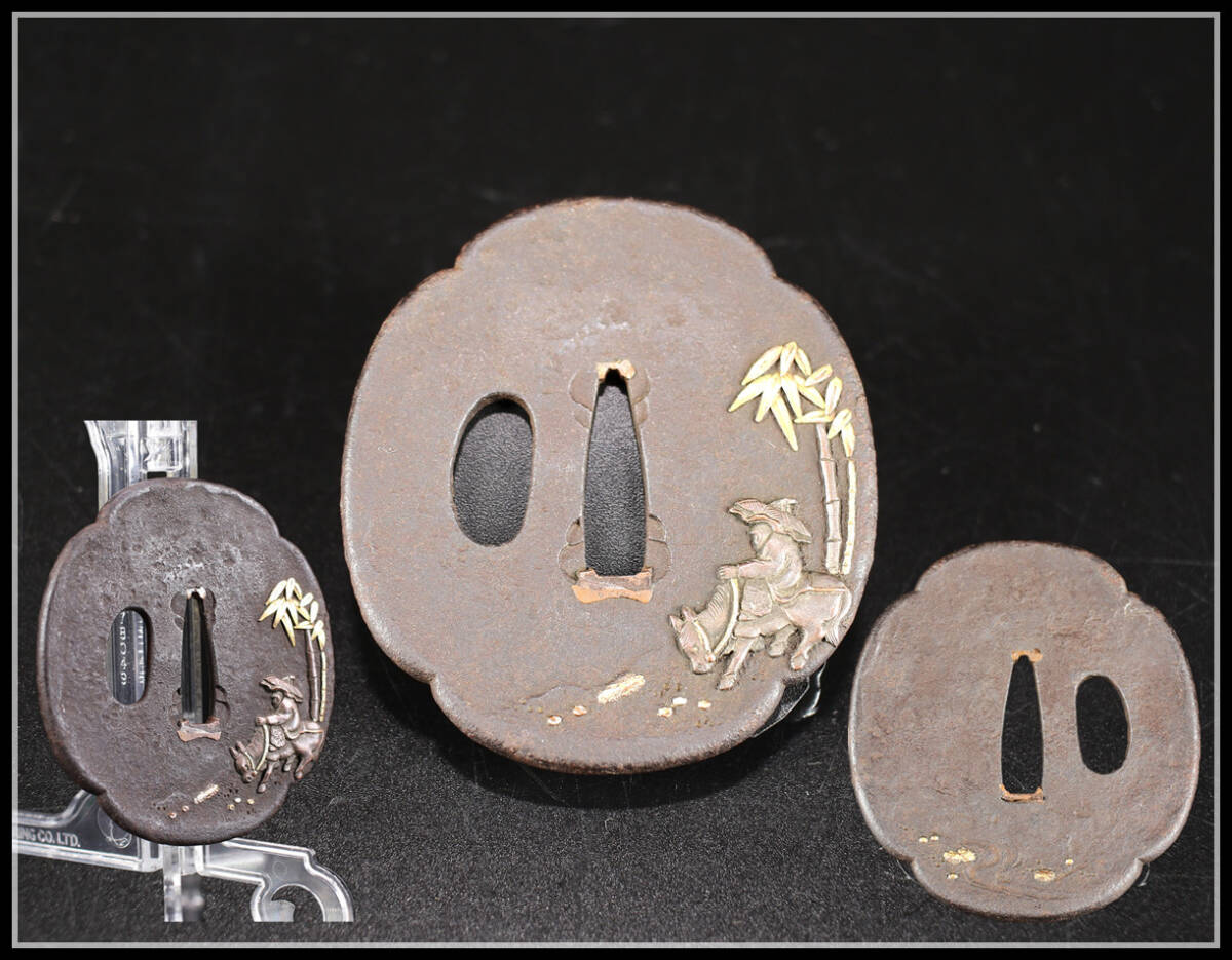 【玉】WA677 時代刀装具 鉄地金銀象嵌 人物馬 鍔 幅6.9㎝ 重83g／箱付 美品！r｜代購幫