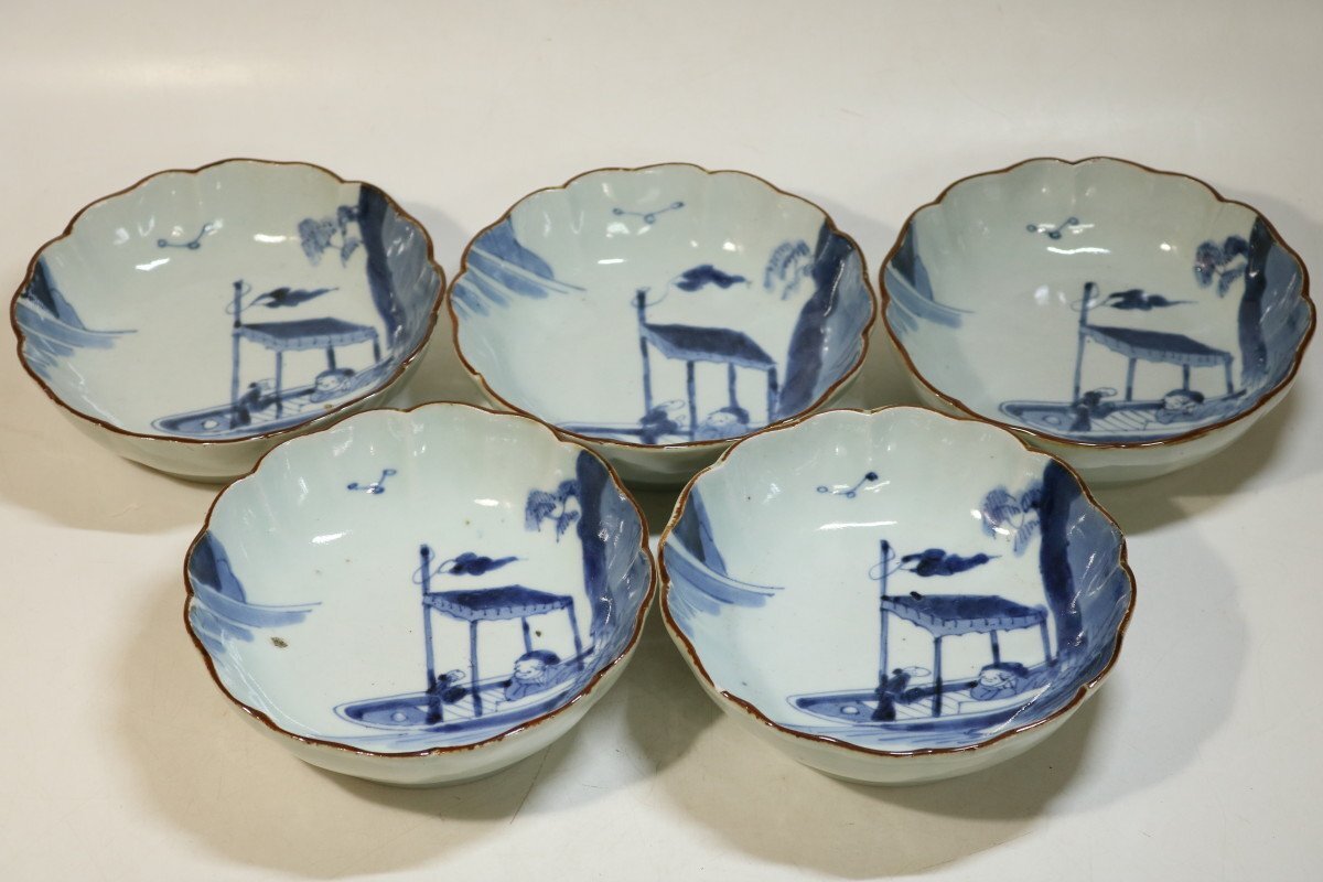 Yahoo!オークション - T346 伊万里染付山水なます皿5枚/膾皿/アンティ...