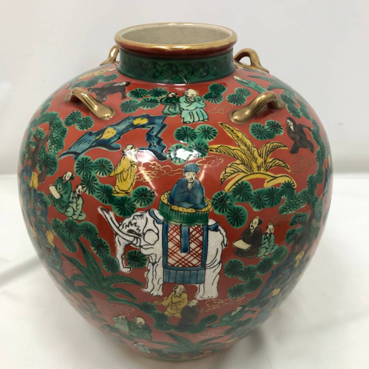 Yahoo!オークション - ‡ 0769 九谷焼 角福 四方耳金彩色絵賢人図 花瓶...