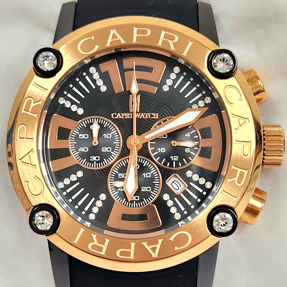 C-09023K 不動品 CAPRI WATCH カプリウォッチ 316L 黒文字盤 クオーツ QZ クロノグラフ ステンレス ゴールド ラバーベルト 箱付き(その他)｜売買されたオークション ...