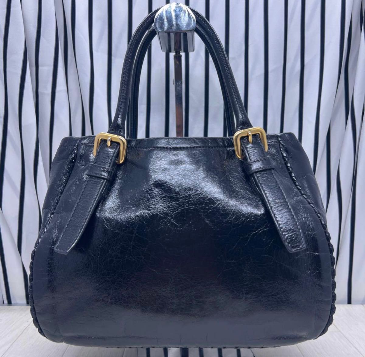美品】PRADA×プラダ 金色プレートオールレザートートバッグ 美品】PRADA×プラダ 金色プレートオールレザートートバッグ