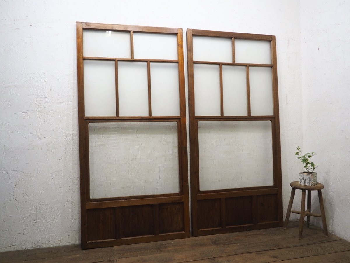 タS0623 【H176,5cm×W87cm】×2枚 可愛いモールガラス入りの古い木製ガラス戸 建具 引き戸 サッシ 古民家 レトロ ヴィンテージM松｜代購幫