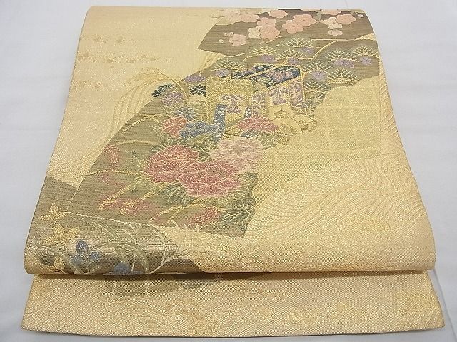 平和屋着物◎佐賀錦 六通柄袋帯 地紙御所車花文 金糸 逸品 平和屋着物◎佐賀錦 六通柄袋帯 地紙御所車花文 金糸 逸品