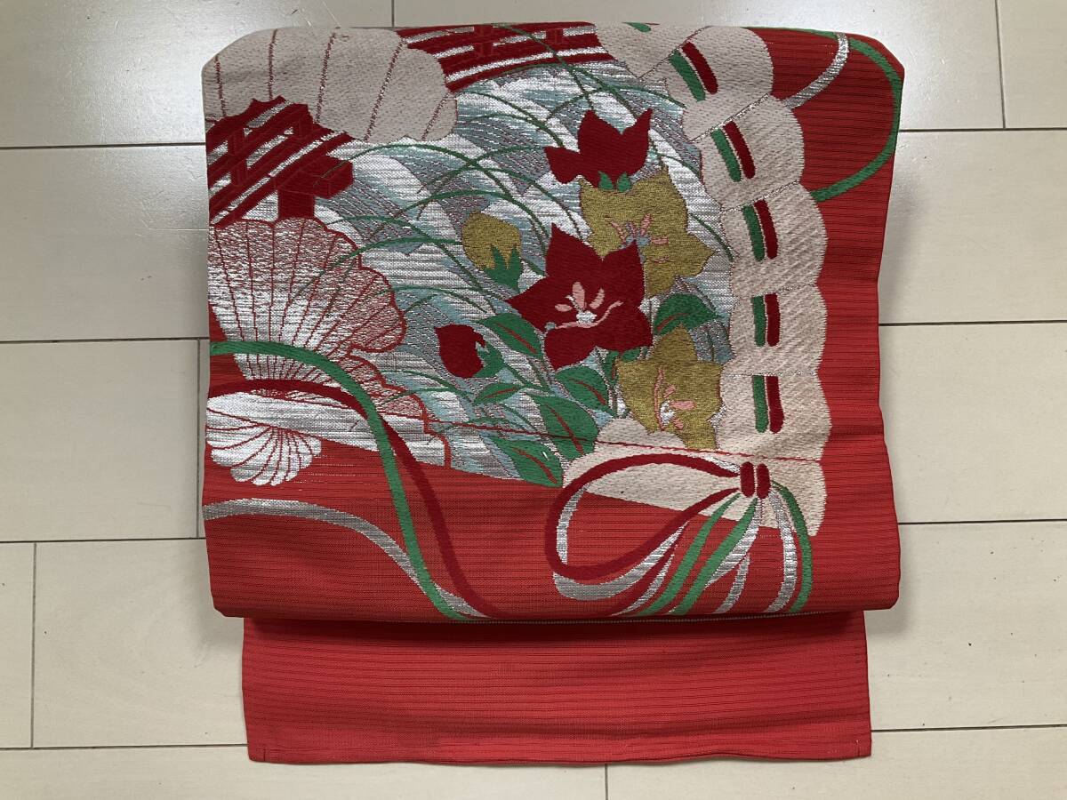 Yahoo!オークション - C510 アンティーク 正絹 赤 銀糸 扇面に桔梗柄 ...