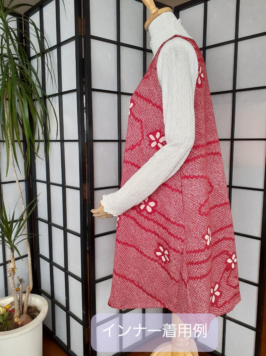 Yahoo!オークション - 着物リメイクノースリーブチュニック 総絞り 赤...