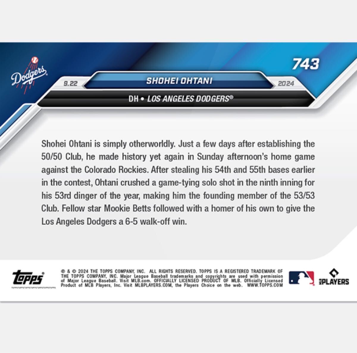 Yahoo!オークション - MLB TOPPS NOW 大谷翔平 53-53記念 OS-743 53達...