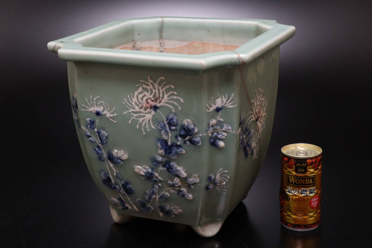 Yahoo!オークション - S051 青磁 色絵 花図 植木鉢 盆栽鉢