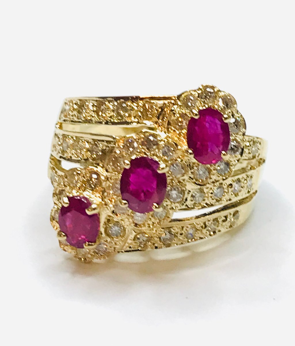 Yahoo!オークション - qoj.Z6805 K18 ゴールド 3Pルビー×ダイヤ デザ...