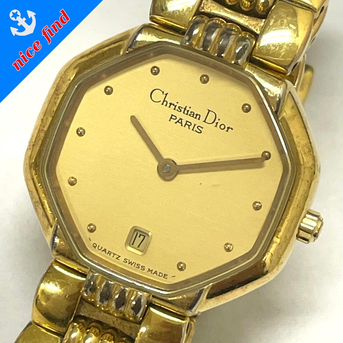 ディオール Christian Dior 48.153 デポーズ DEPOSE クォーツ 腕時計 レディース ウォッチ ゴールド文字盤 不動品 デイト オクタゴン(クリスチャン・ディオール ...