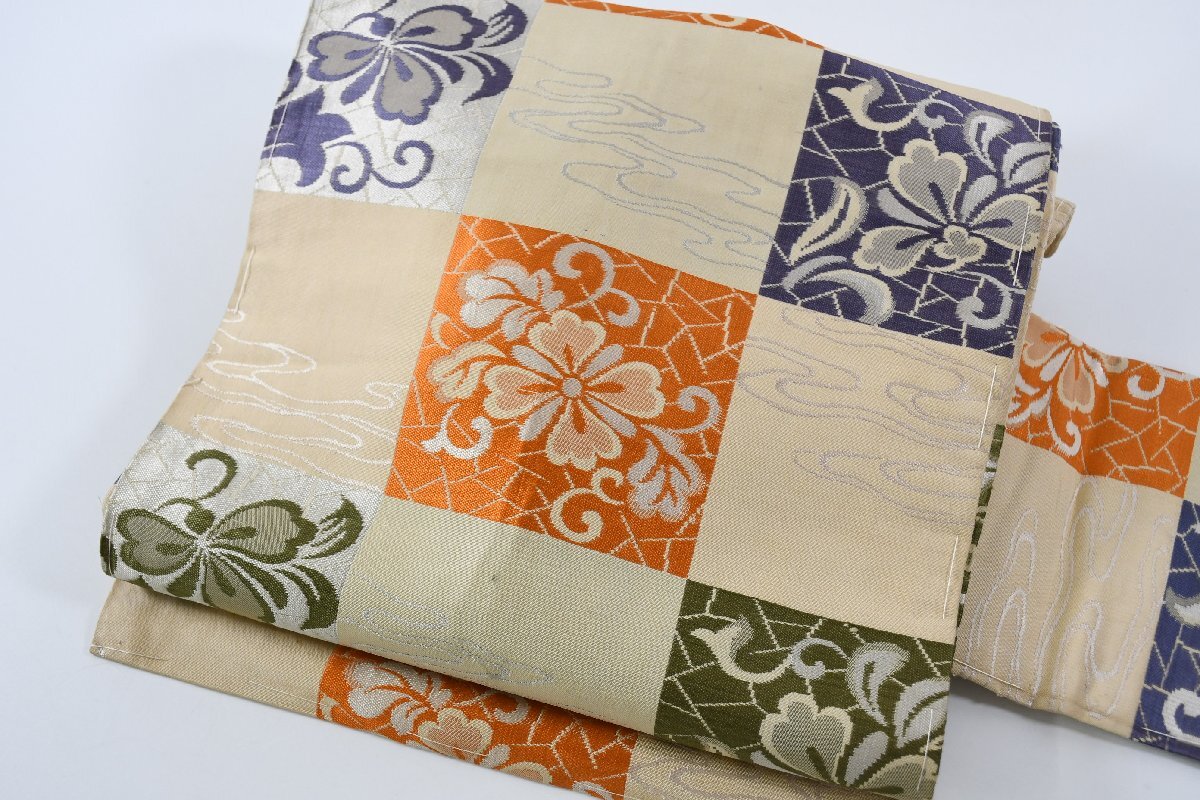 Yahoo!オークション - 名古屋帯 アンティーク 市松模様 花 帯丈372cm ...