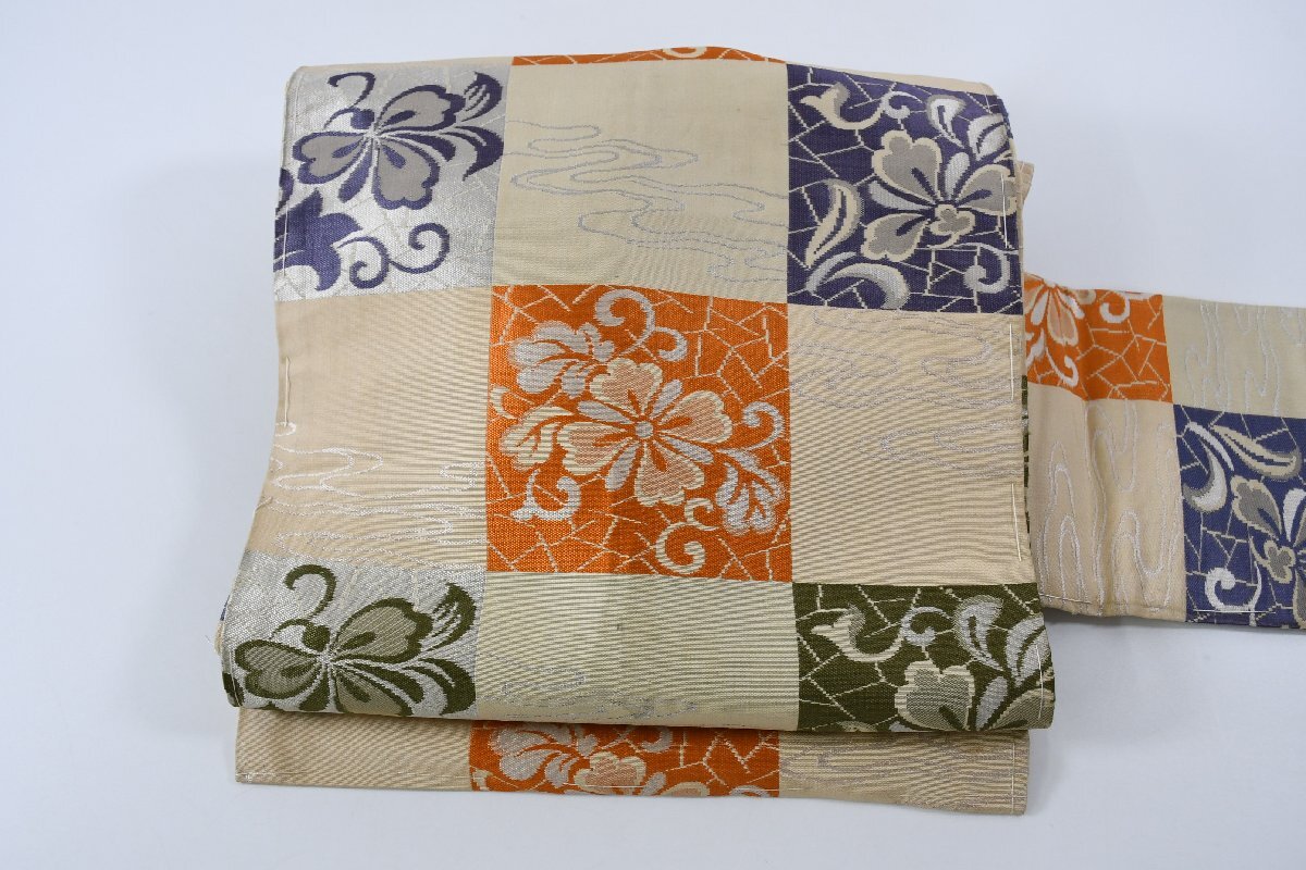 Yahoo!オークション - 名古屋帯 アンティーク 市松模様 花 帯丈372cm ...