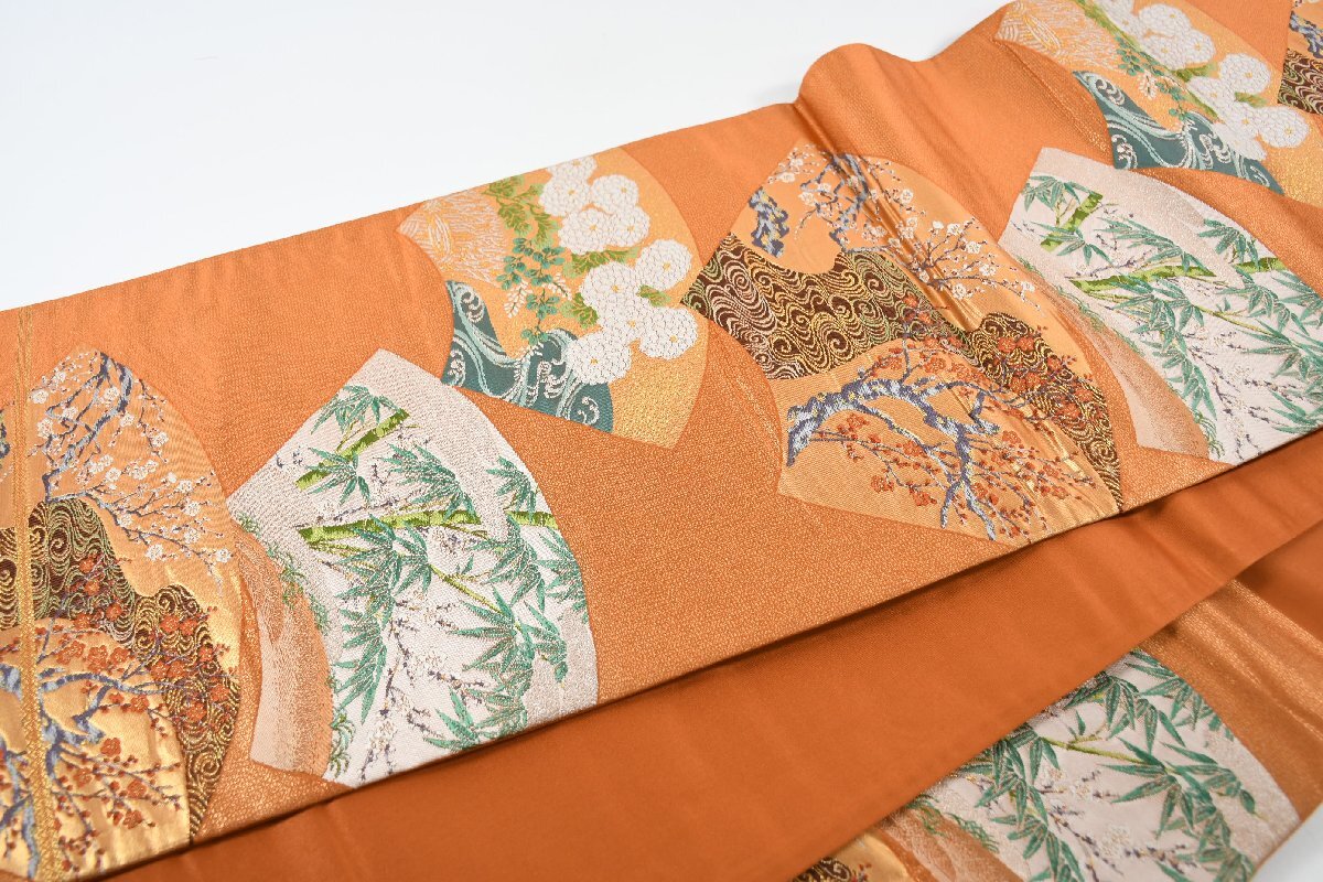 Yahoo!オークション - 袋帯 琳派扇面集 六通柄 金糸 風景 花 帯丈422cm...