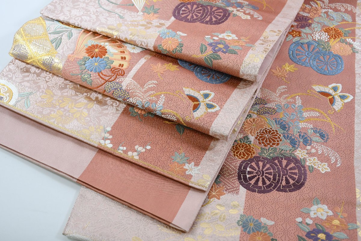 Yahoo!オークション - 袋帯 能衣花車 六通柄 刺繍 花 扇子 帯丈422cm ...