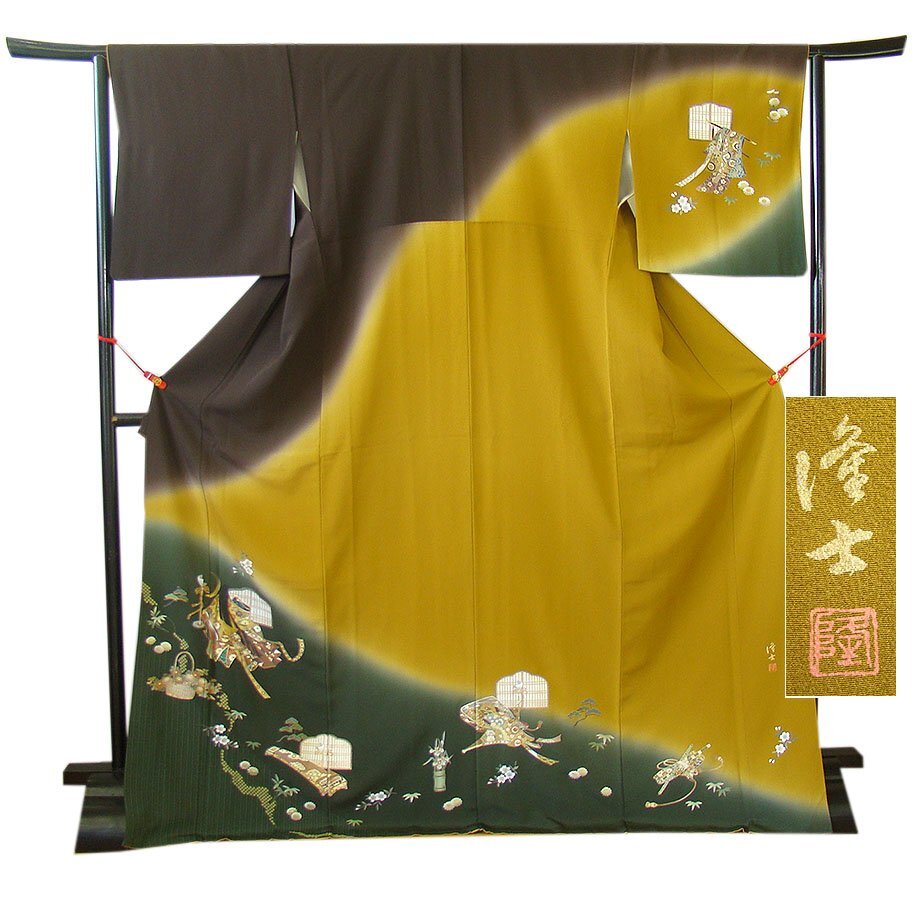 Yahoo!オークション - 時代屋 裄70.1cm ロング寸 作家物 縮緬地 金彩...