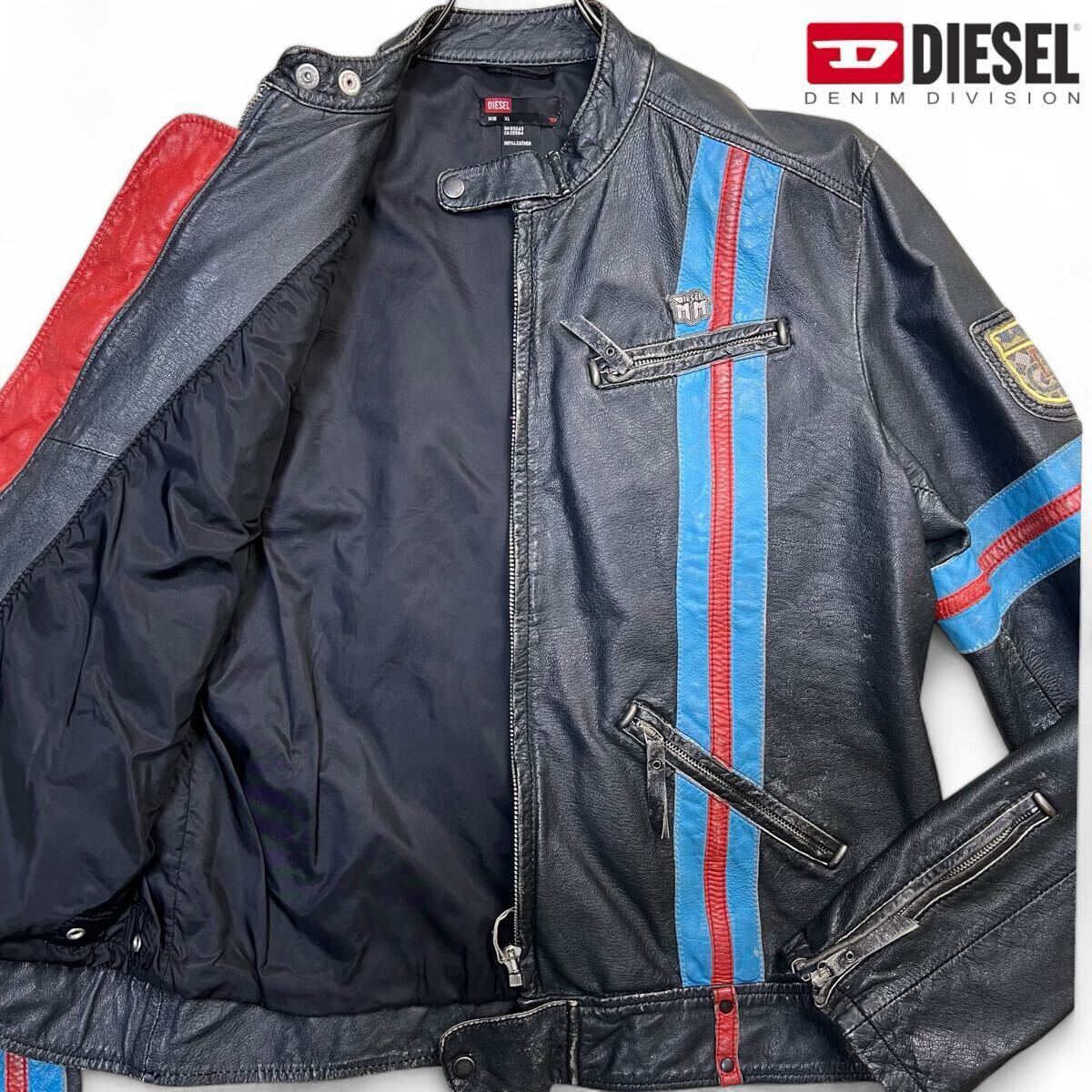 現行/即完モデル/XL DIESEL ディーゼル ダメージ加工 レザージャケット シングル ライダース ブルゾン 羊革 ワッペン ライン メンズ(ジャンパー、ブルゾン)｜売買されたオークション ...