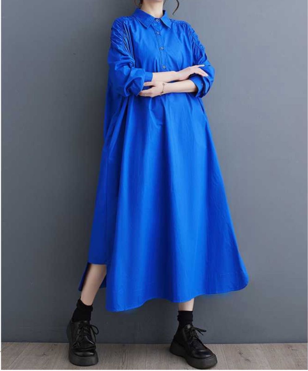 青 シャツワンピース レディース ロングワンピース 長袖 体型 青 シャツワンピース レディース ロングワンピース 長袖 体型