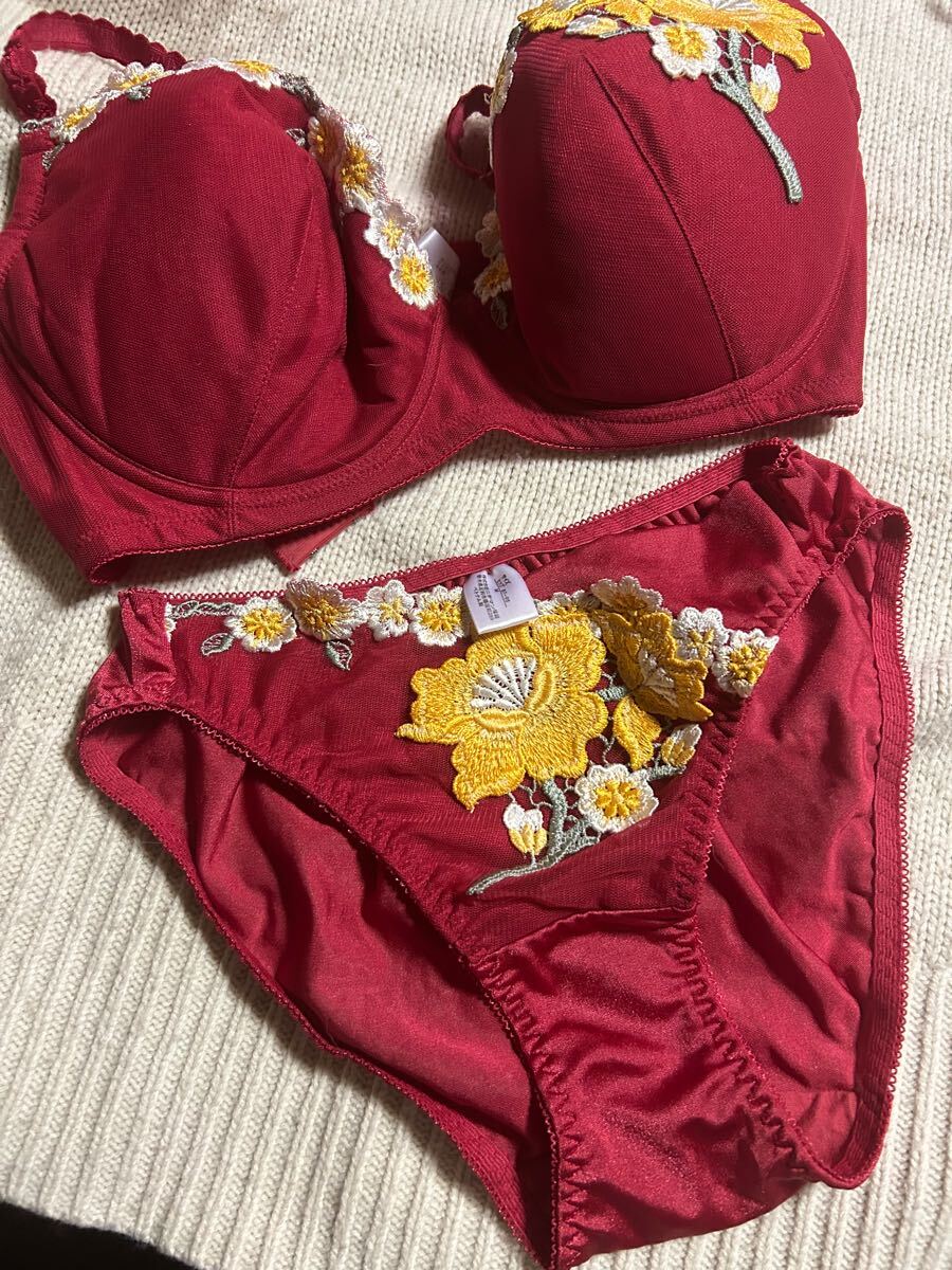 Yahoo!オークション - B 75M花刺繍 ブラジャー ショーツセット赤