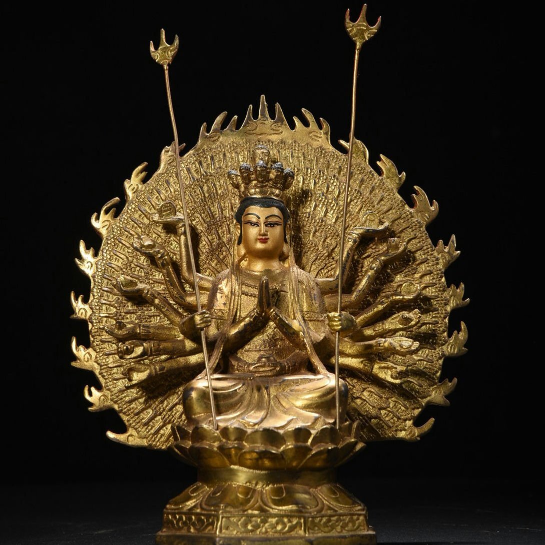 Yahoo!オークション - 渡鶴羽 P623清時代 銅塗金千手観音造像 細工彫...