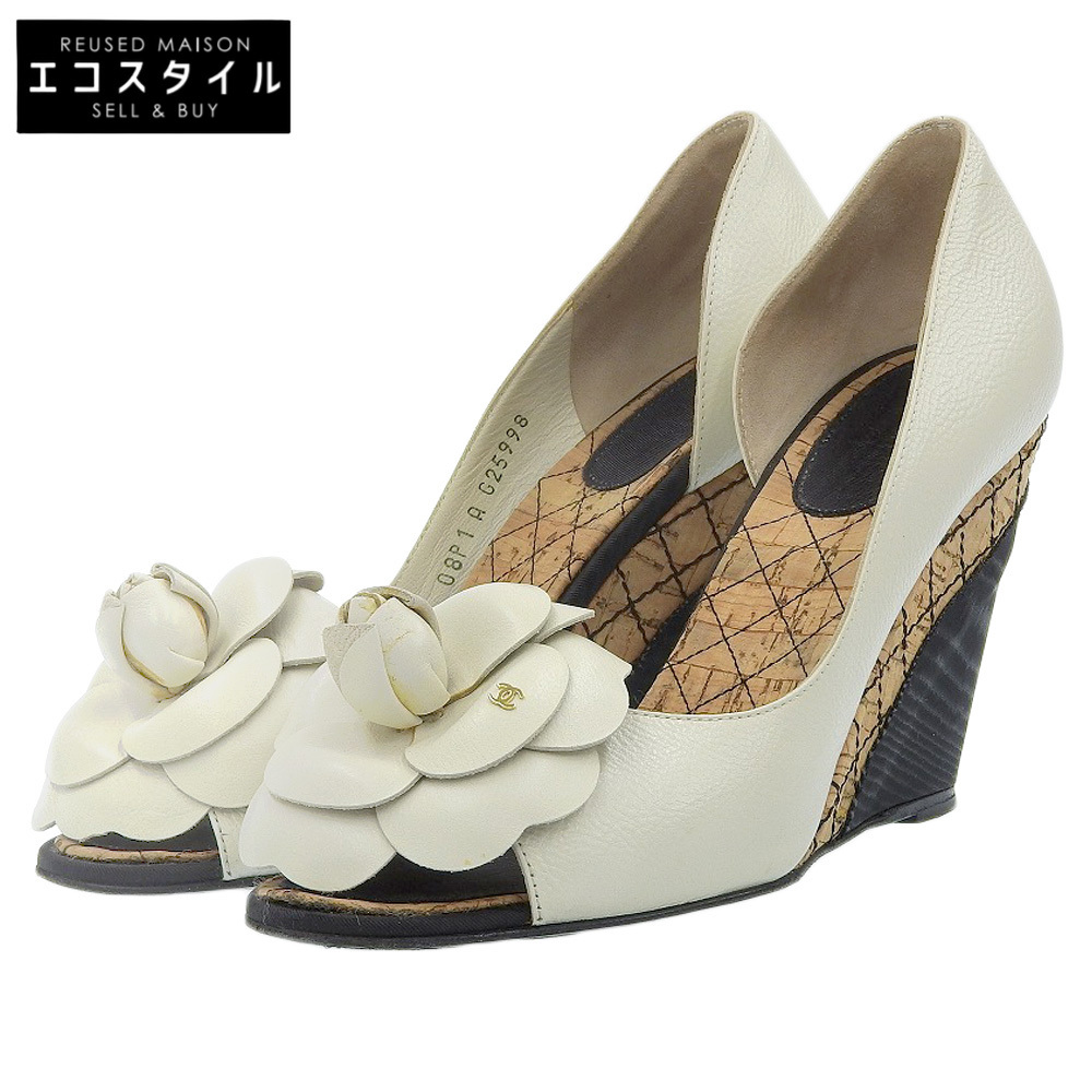 美品 CHANEL シャネル カメリア ウェッジソール ハーフセパレート パンプス レディース アイボリー×ブラウン 37 1/2C ...