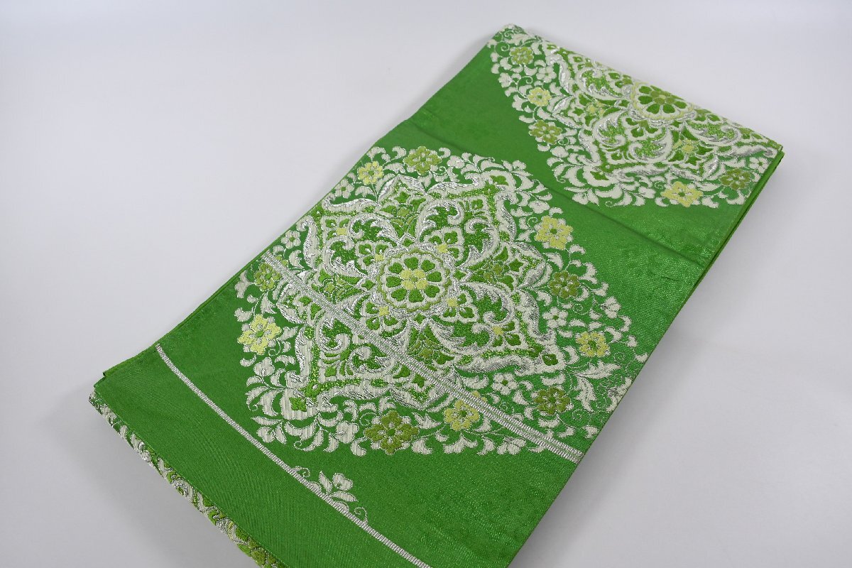 Yahoo!オークション - 袋帯 未仕立て 緑 更紗 花 帯丈438cm 着物屋 ne-...