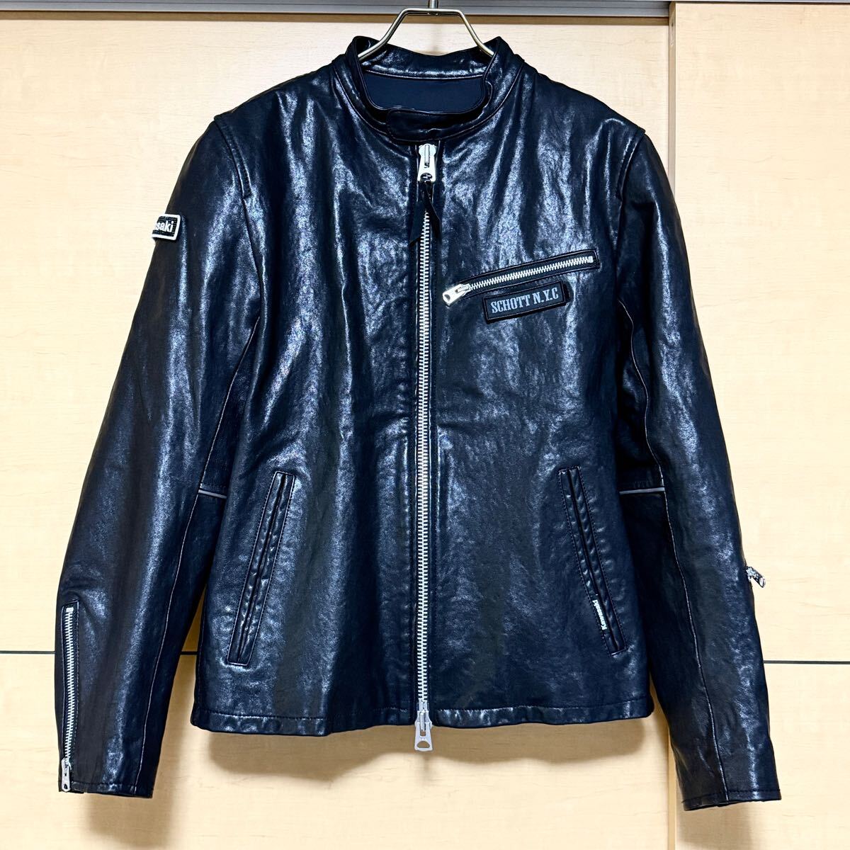 Yahoo!オークション - 極美品 カワサキ×schott M ライディングレザー...