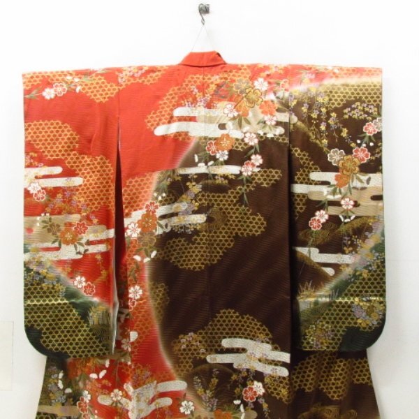 Yahoo!オークション - 着物10 1円 絹 振袖 金彩 袷 身丈157cm 裄63.5c...